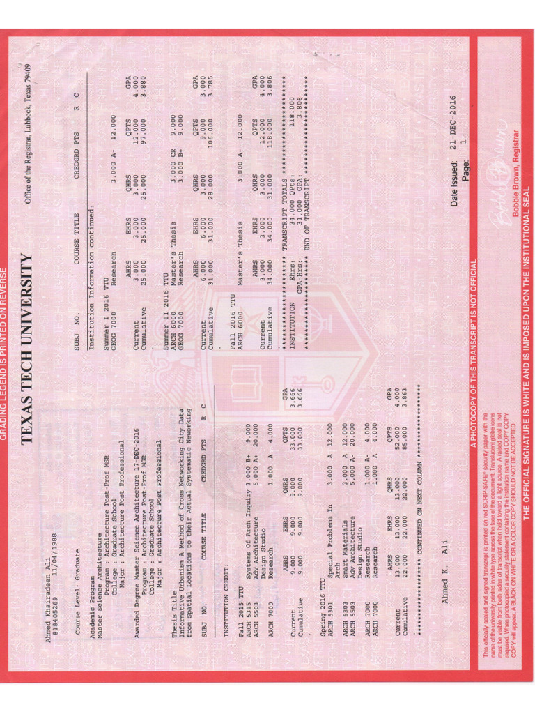 Master Transcript | PDF