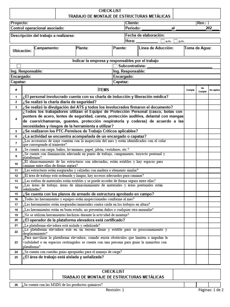 Check List-Montaje de Estructuras Metálicas | PDF