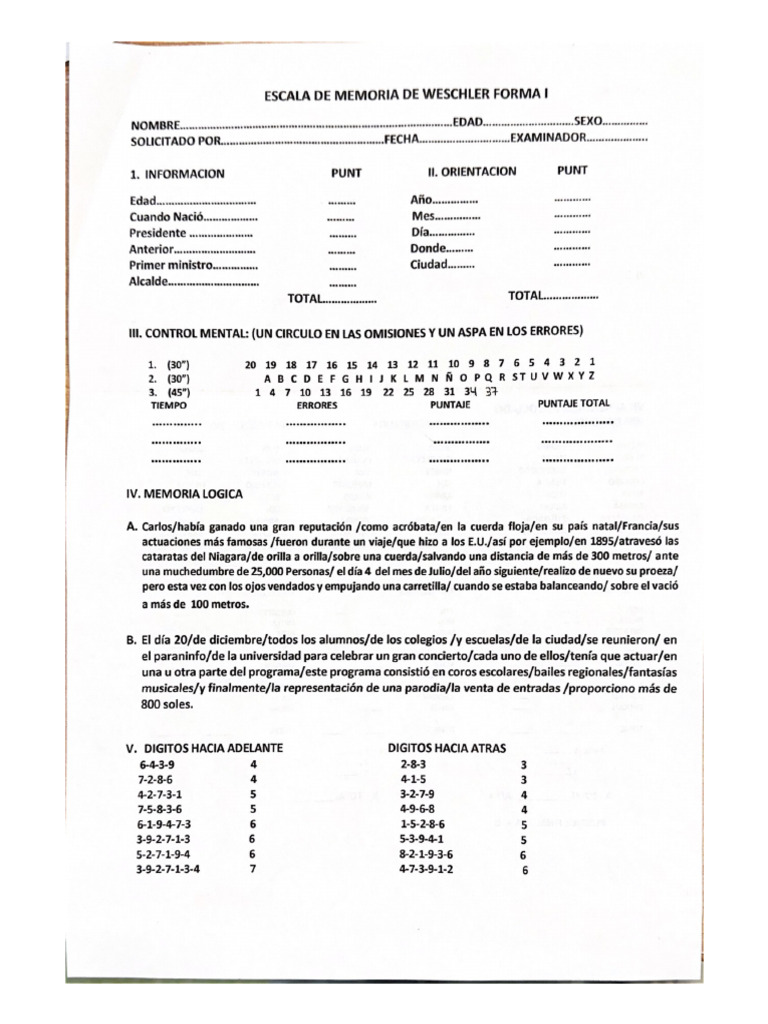 Escala de Memoria Weschler Forma 1 | PDF