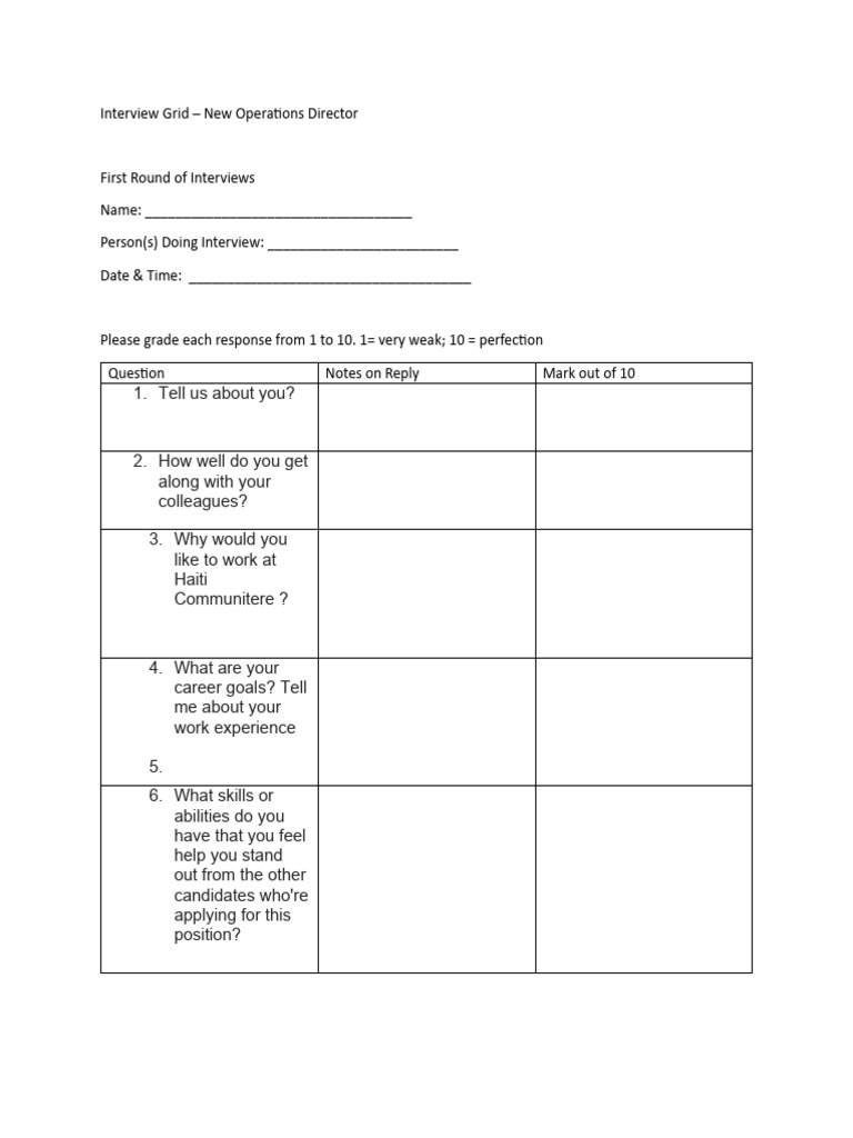 Interview Grid - First Stage Interviews | PDF