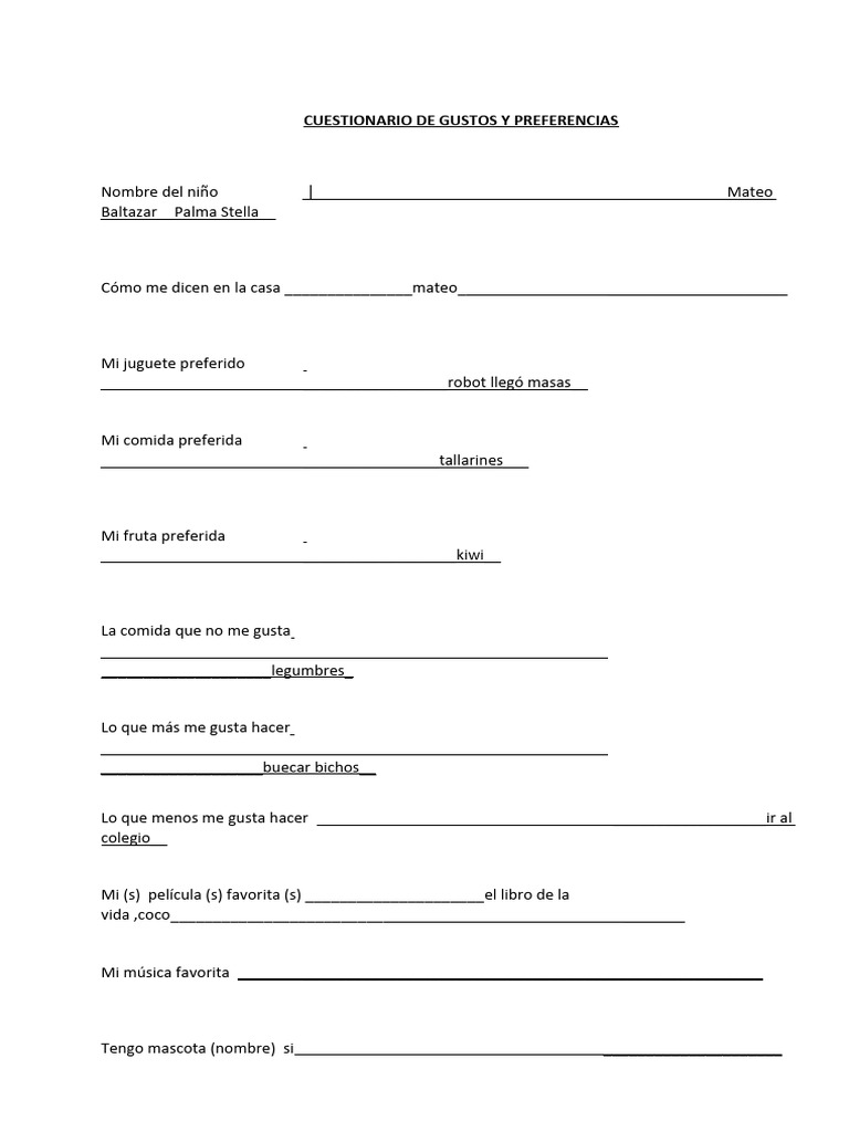 Cuestionario de Gustos y Preferencias (Aba) | PDF | Alimentos | Cocina