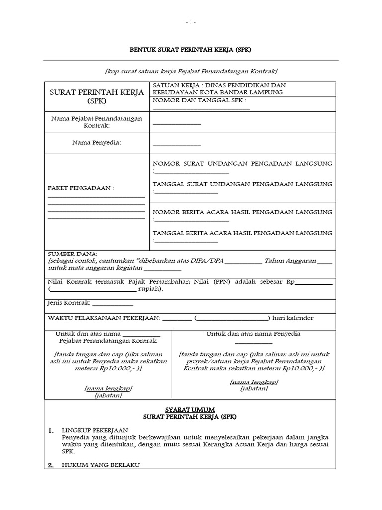Contoh Surat Perintah Kerja SPK | PDF