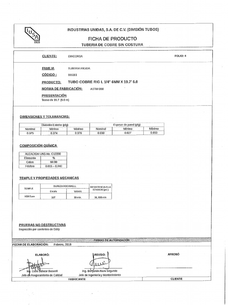 Ficha Tecnica Tuberia Cobre | PDF