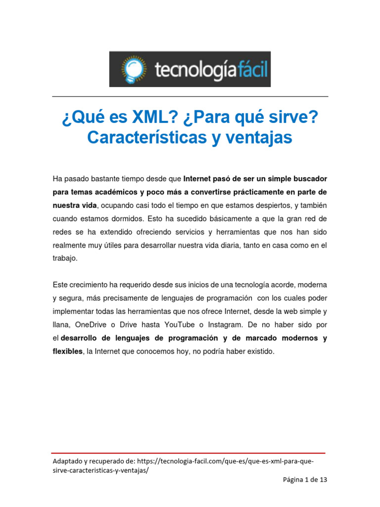 ¿Qué Es XML ¿Para Qué Sirve Características y Ventajas | PDF | Xml ...