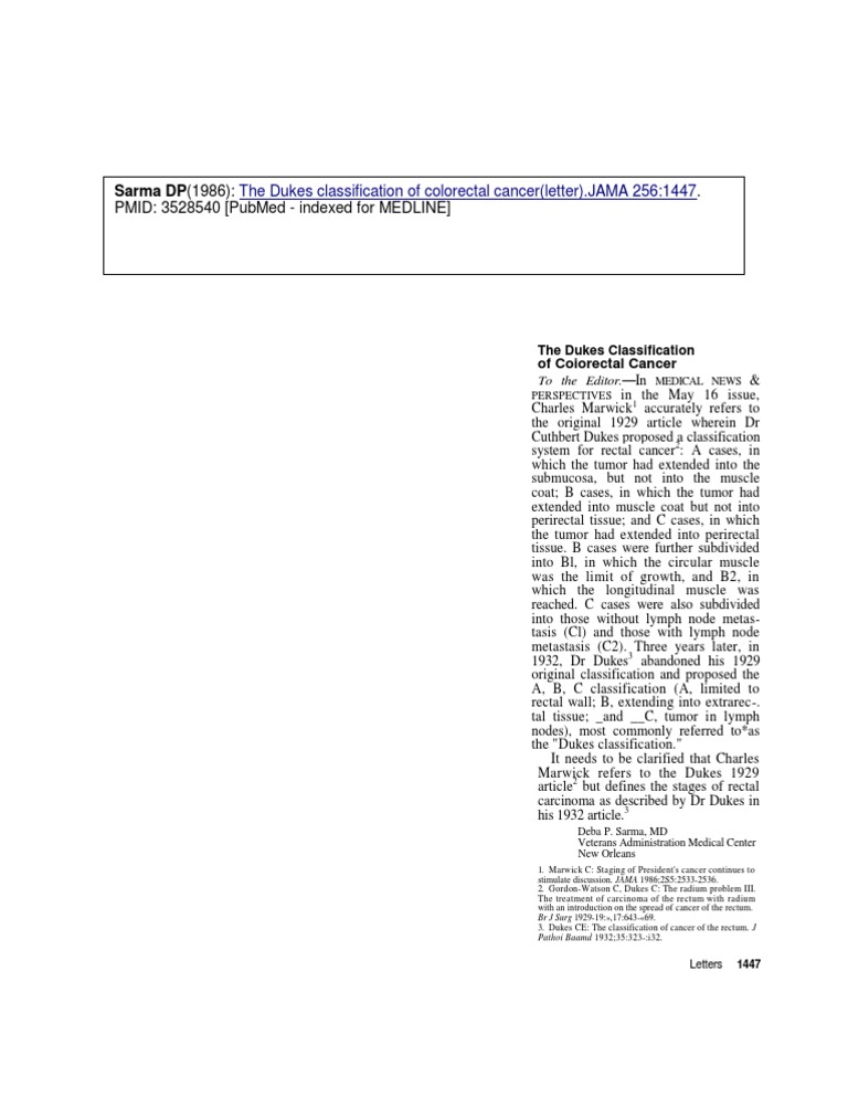 Dukes Classification of Colorectal Cancer | PDF | Science & Mathematics