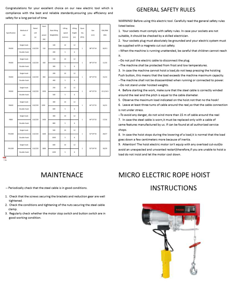 Ficha Tecnica Tecle Electrico | PDF | Electricity | Equipment