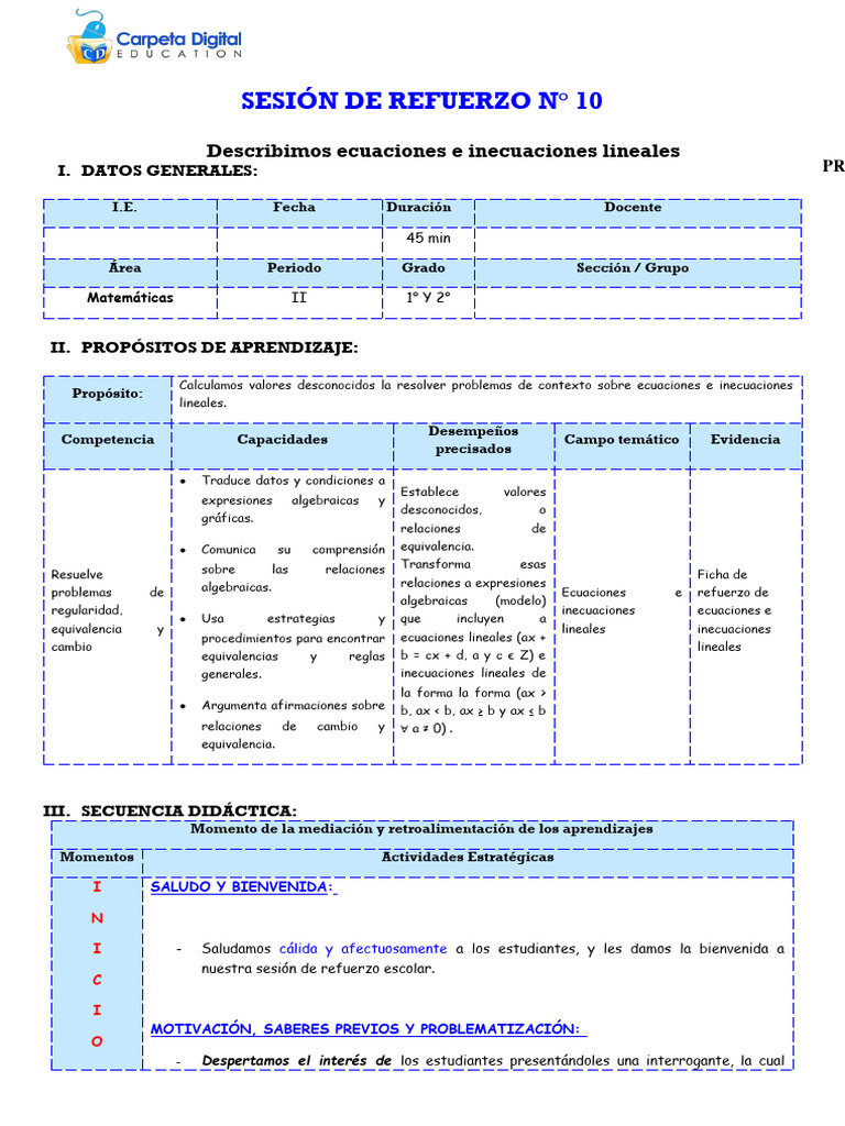 SESIÓN DE REFUERZO 10_1RO Y 2DO | PDF | Ecuaciones | Matemáticas