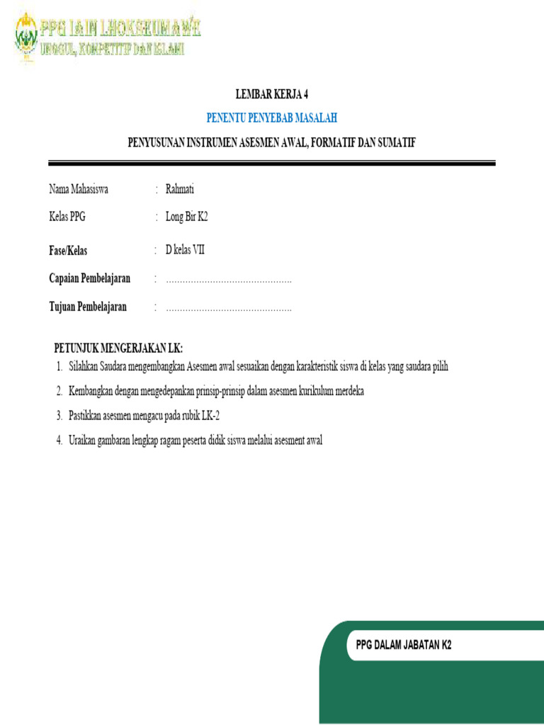 LK 4 - Penyusunan Instrumen Asesmen Awal Formatif Dan Sumatif (K2) | PDF