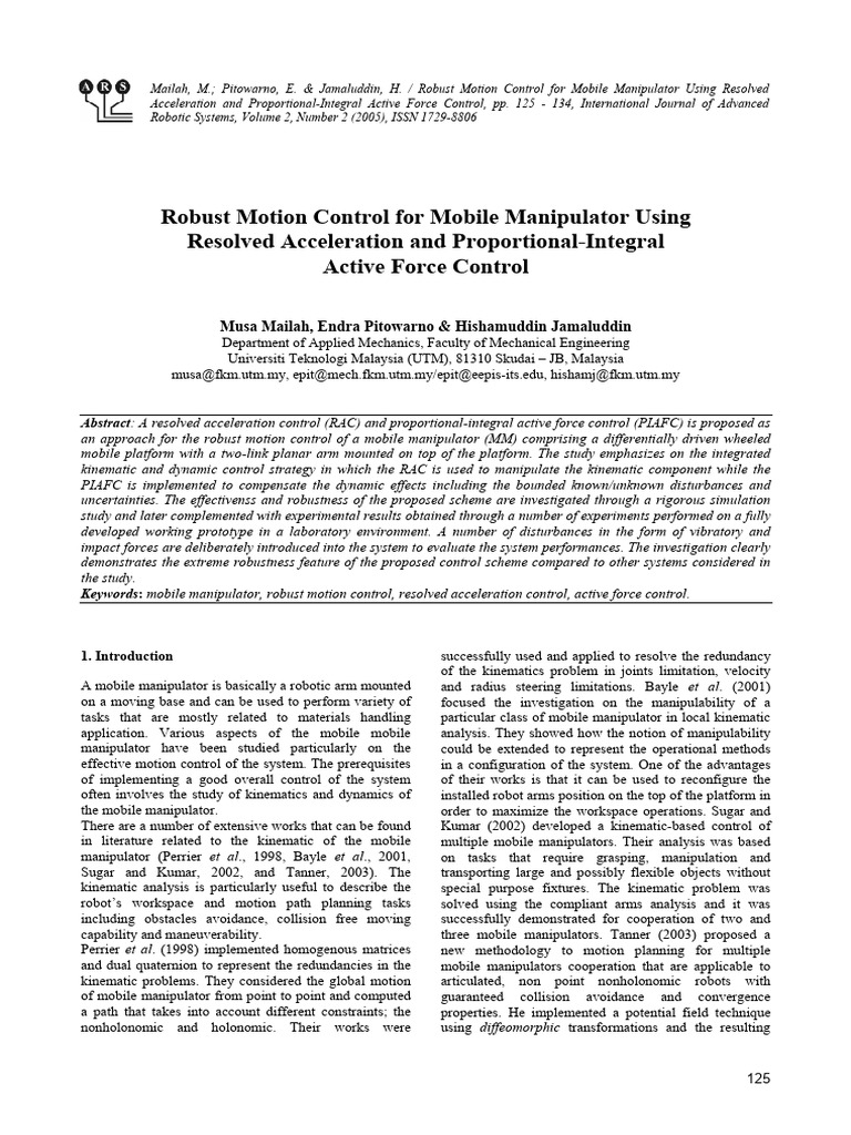 Robust Motion Control For Mobile Manipulator Using Resolved Acceleration and Proportional ...