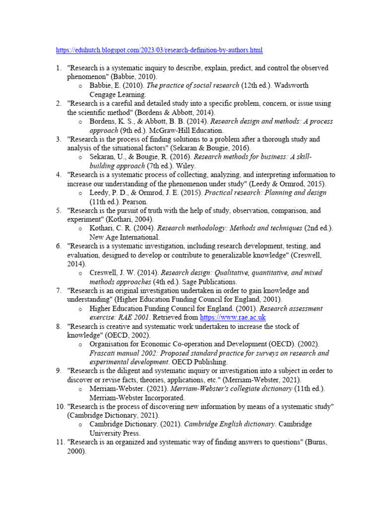 Research Definitions by Notable Authors | PDF | Methodology | Information