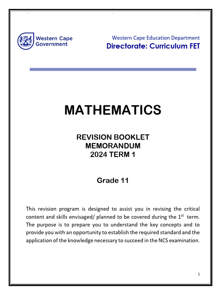 Mathematics Grade 11 Revision - Memo Term 1 - 2024 | PDF | Mathematics
