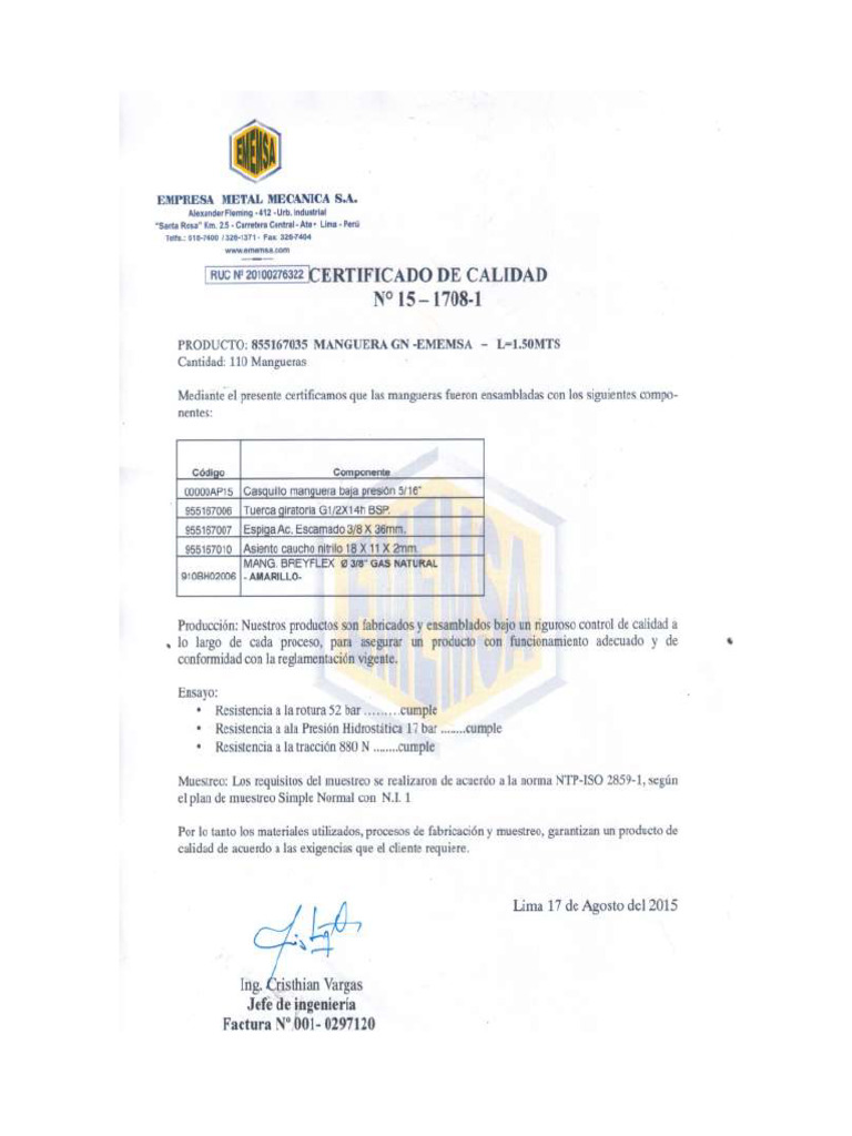 Certificado Materiales | PDF