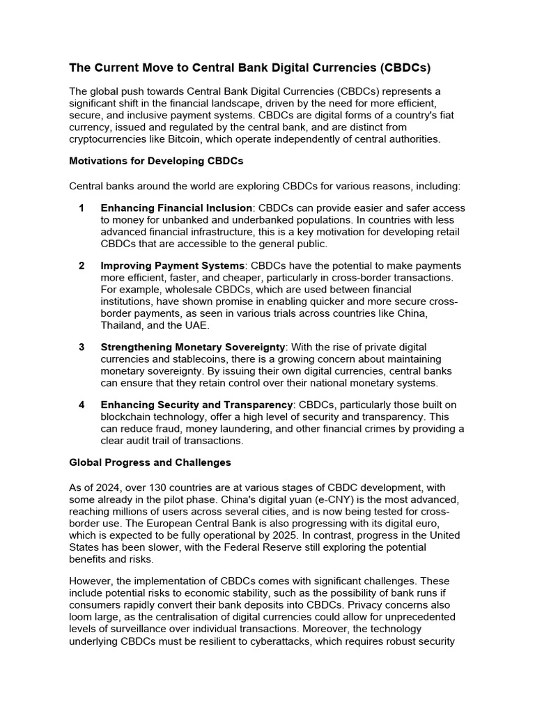 Central Bank Digital Currencies Overview | PDF | Central Banks | Banks