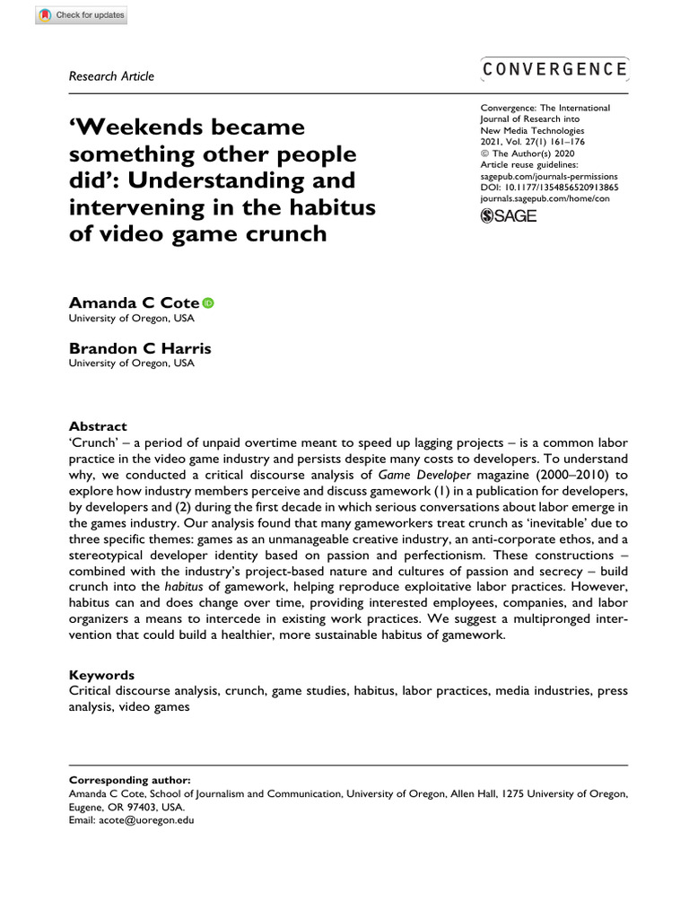 Understanding and Intervening in The Habitus of Video Game Crunch | PDF ...