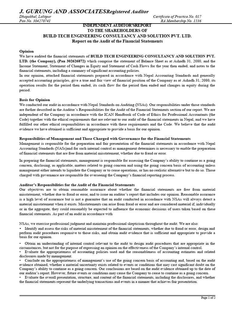 Independent Audit Report for Build Tech | PDF | Going Concern | Audit
