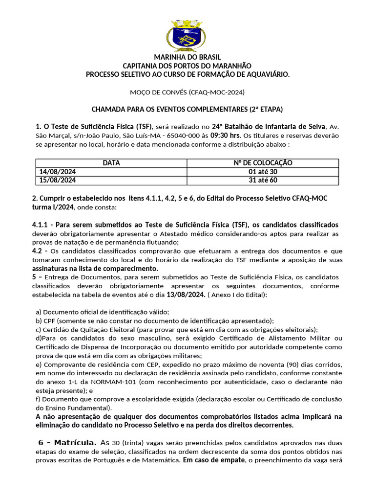 CHAMADA PARA OS EVENTOS COMPLEMENTARES CFAQ-MOC 2024 | PDF
