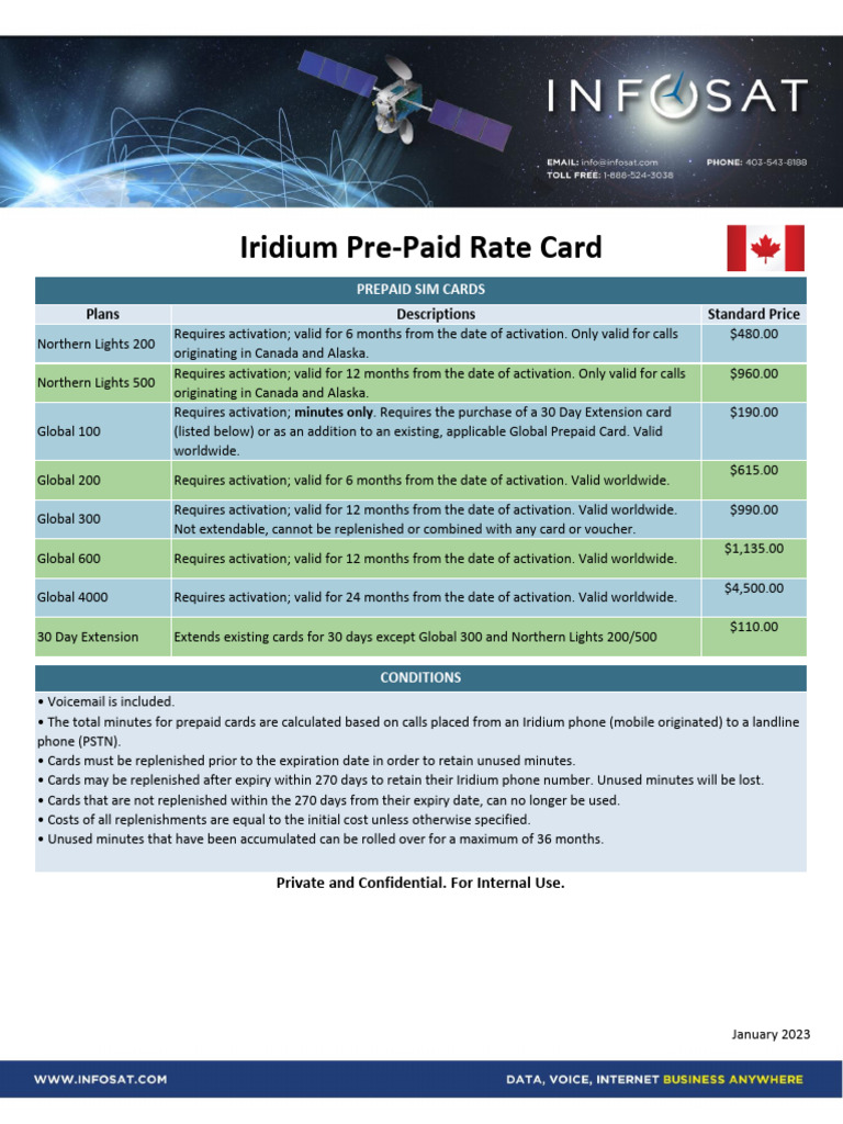 Infosat Iridium Rate Cards - Standard CDN Prepaid 2023 | PDF | Prepaid ...