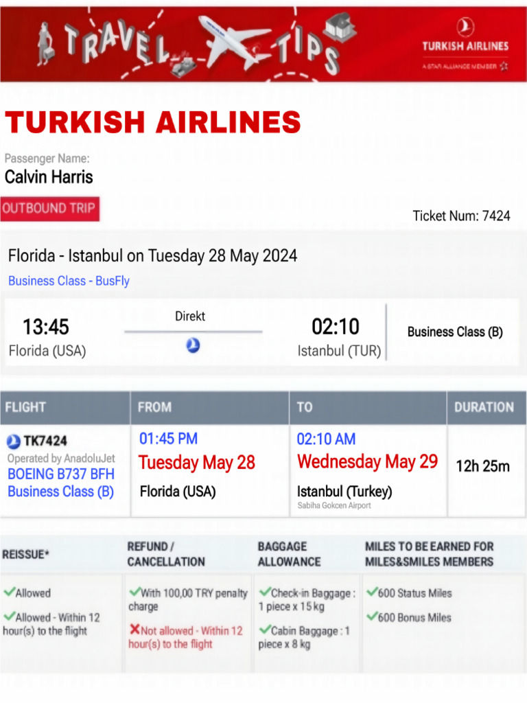 Turkish Airlines - e - Ticket - 7424 | PDF