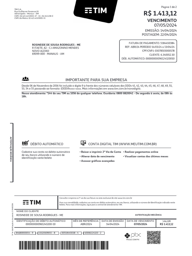 Fatura Tim Maio | PDF | Brasil | Bancos