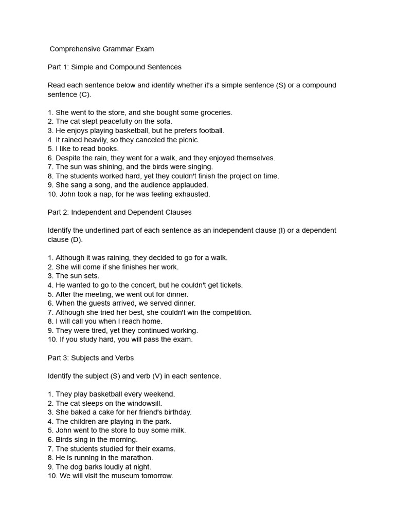 Grammar Exam: Sentences & Clauses | PDF | Subject (Grammar) | Clause
