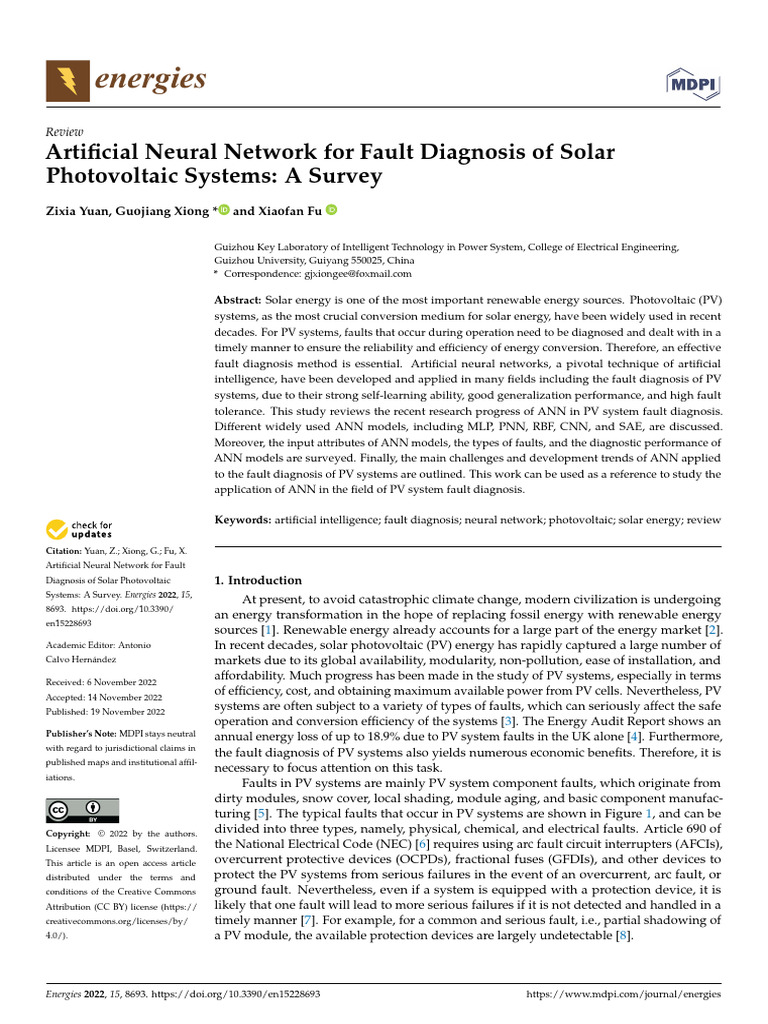 Artificial Neural Network For Fault Diagnosis of Solar Photovoltaic Systems - A Survey | PDF ...