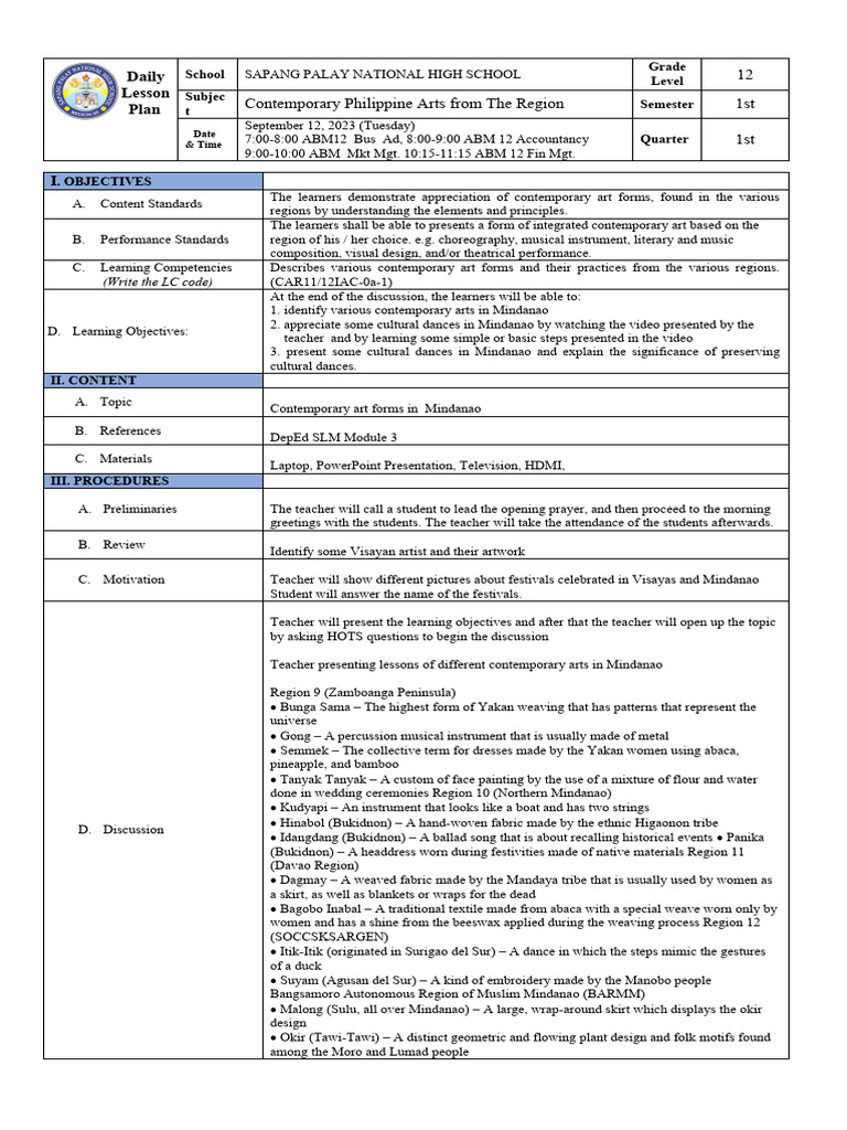 Mindanao Contemporary Arts Lesson Plan | PDF