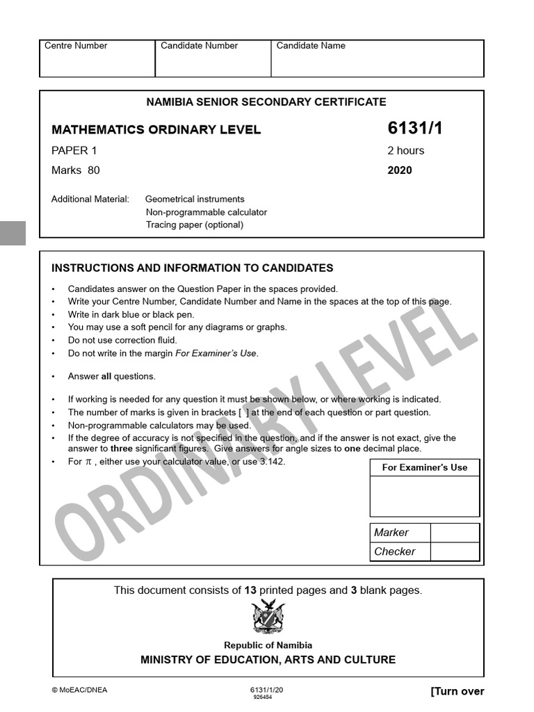 Namibia O-Level Math Exam 6131/1 | PDF | Mathematics