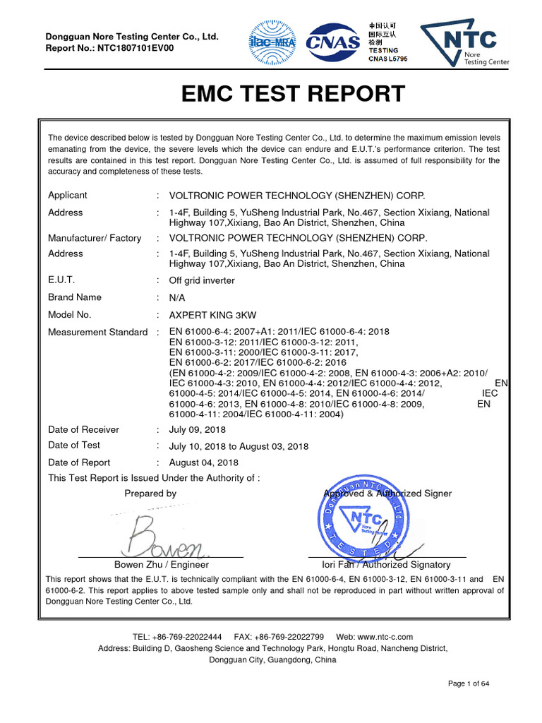 NTC1807101EV00 日月元研一 Off grid inverter AXPERT KING 3KW IEC EN61000-6-4 CE-EMC Report | PDF ...