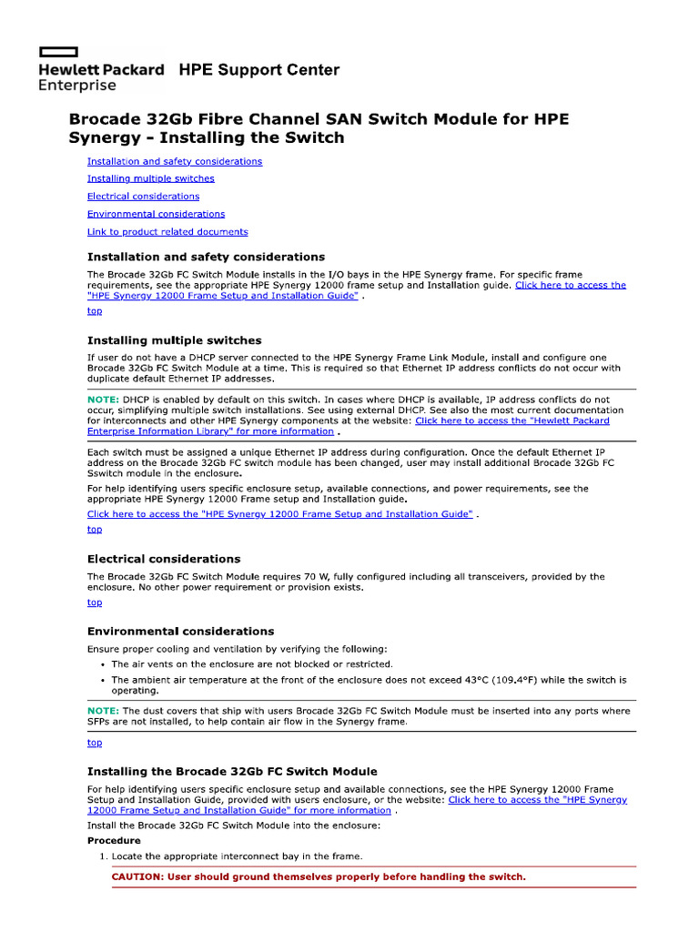 Brocade 32Gb Fibre Channel SAN Switch Module For HPE Synergy - Installing The Switch | PDF