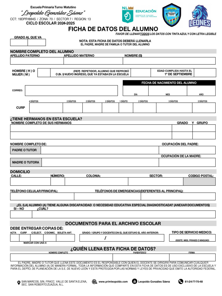 Ficha Datos Alumno 2°-6°mat | PDF