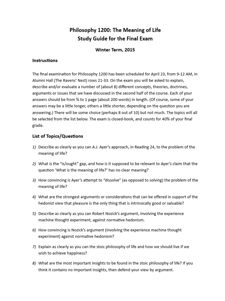 Philosophy 1200 Final Exam Study Guide | PDF | Hedonism | Happiness