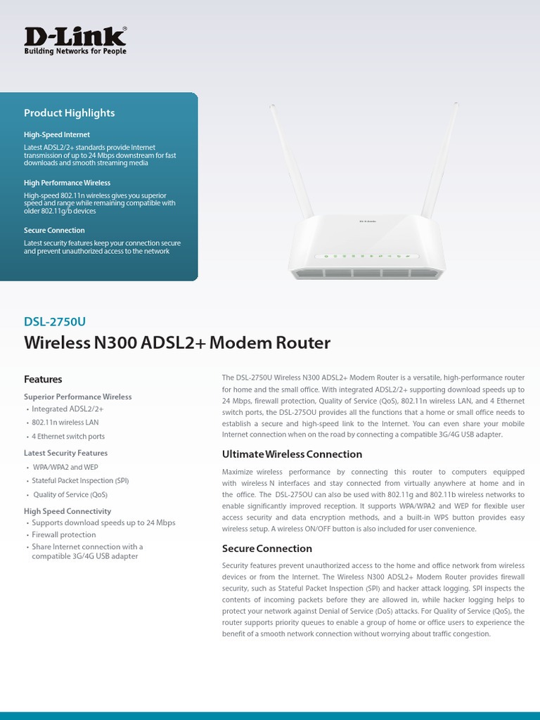 DSL-2750U Datasheet 01 (HQ) | PDF | Wi Fi | Computer Network