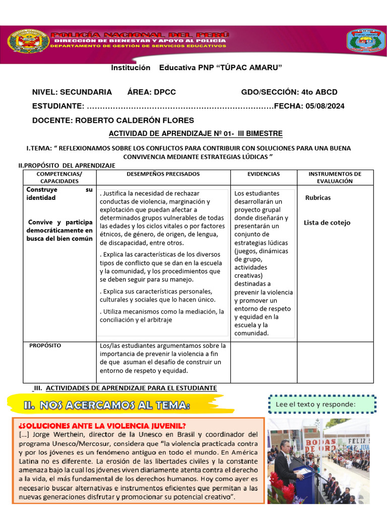 4to Grado DPCC - Semana 01 III Bimestre PDF | PDF | Violencia | Escuelas
