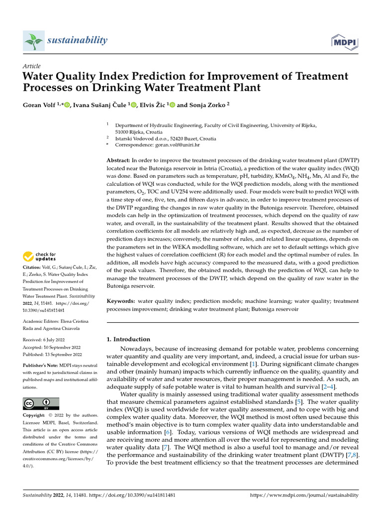 Water Quality Index Prediction For Improvement of Treatment | PDF ...