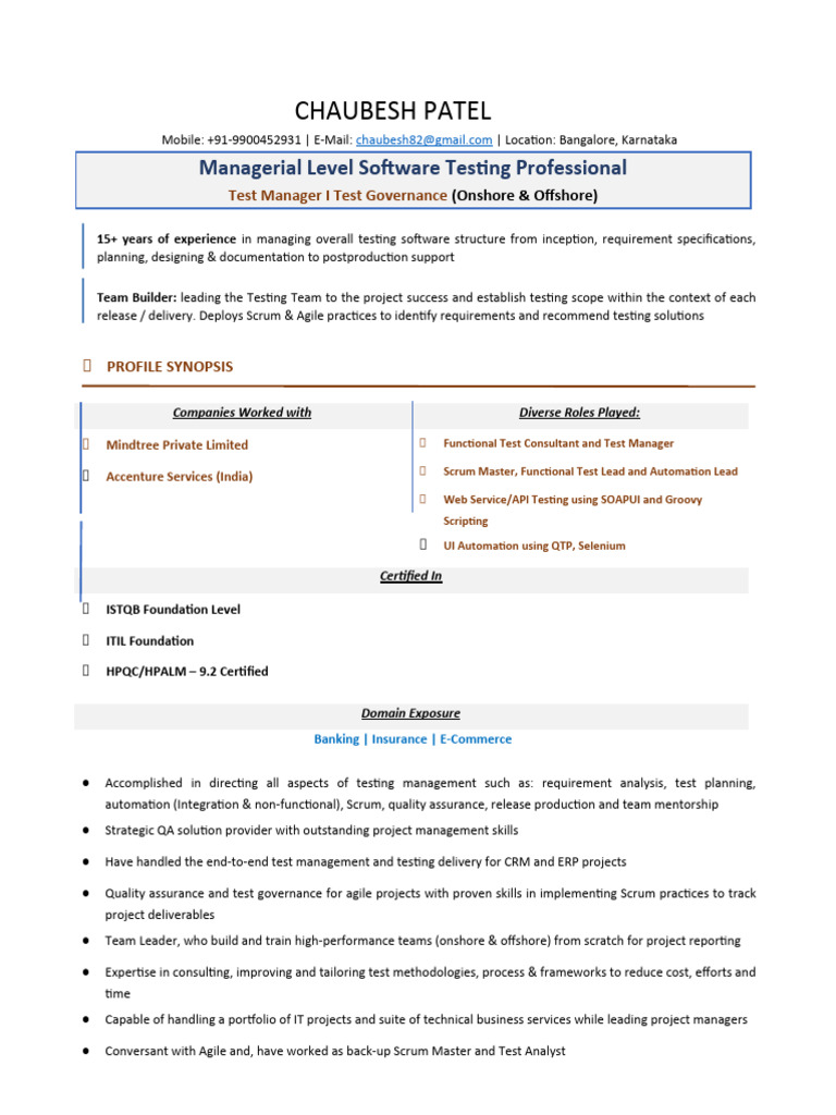 Test Manager Resume - Chaubesh Patel | PDF | Agile Software Development ...