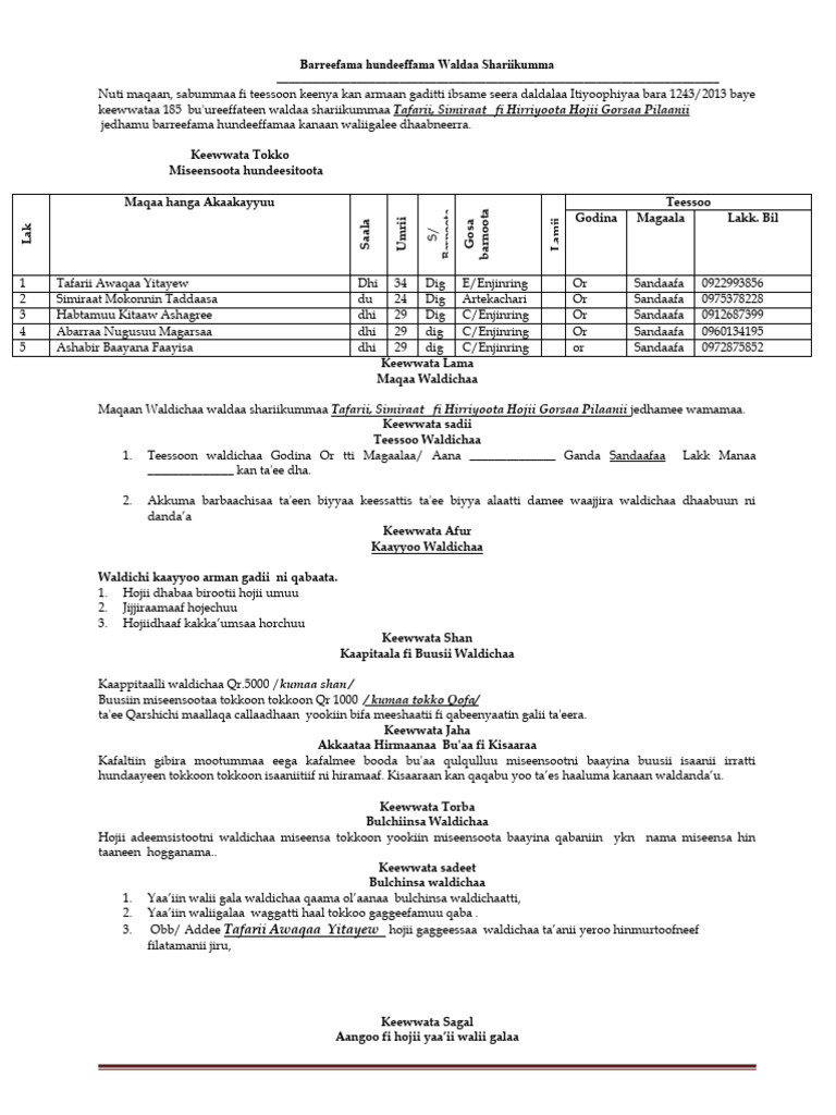 Barreefama Hundeefama Waldaa Shariikummaa | PDF