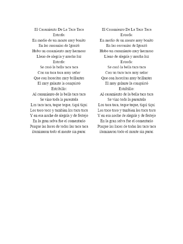 Letra El Casamiento de la Taca Taca(x19) | PDF