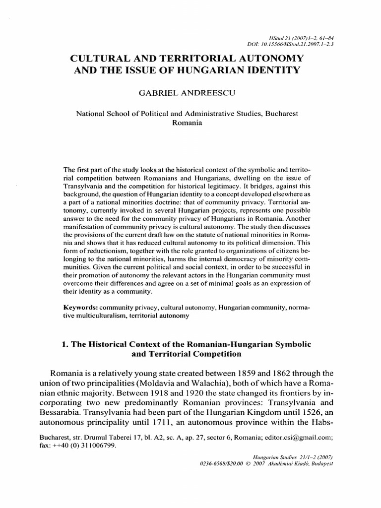 Cultural and Territorial Autonomy and TH | PDF | Romania | Political ...