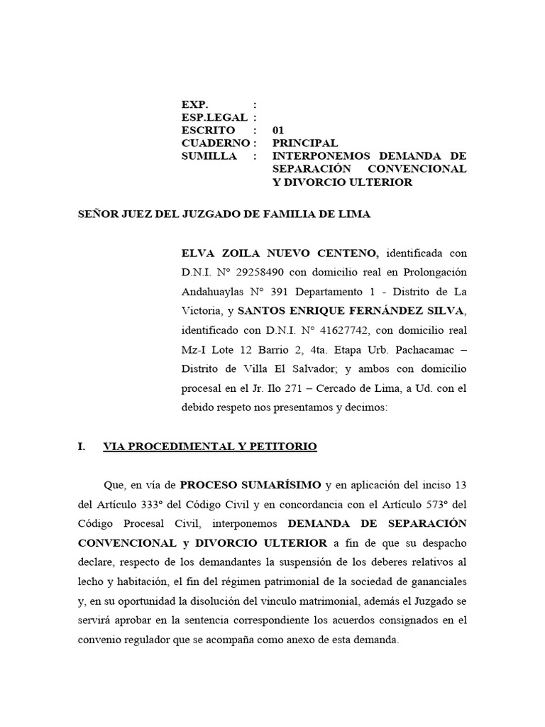Demanda de Separacion Convencional y Divorcio Ulterior | PDF | Divorcio ... Demanda de Separacion Convencional y Divorcio Ulterior | PDF | Divorcio ...