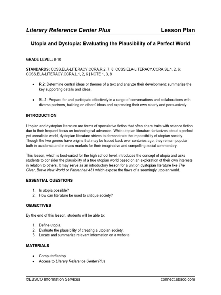 Lesson Plan Utopia and Dystopia | PDF | Dystopia | Utopian And ...