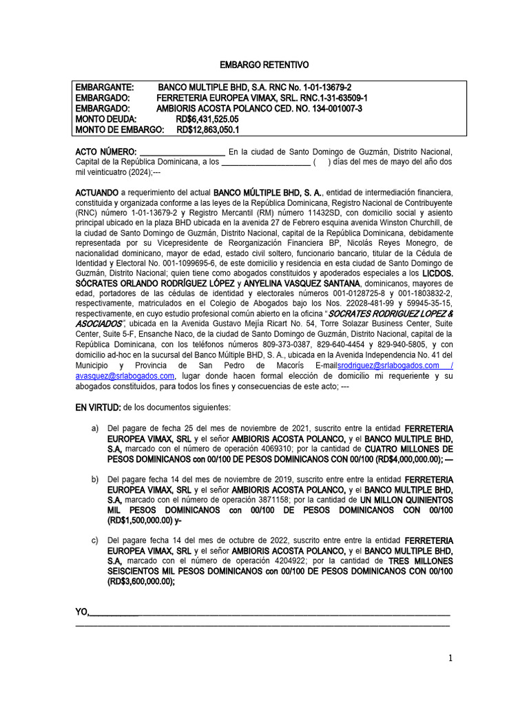 Embargo Retentivo Caso BHD Vs Ferreteria Europea Vimax, SRL y Ambioris ...