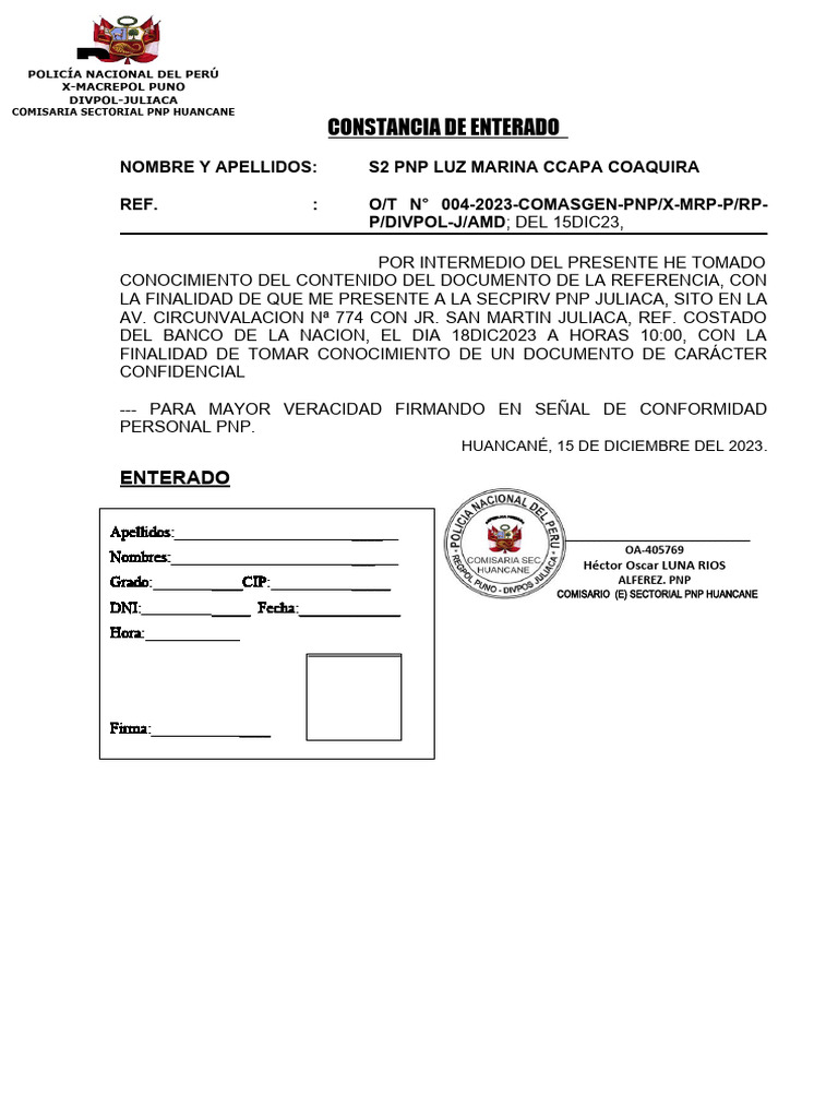 Constancia de Enterado | PDF | Policía | Violencia doméstica