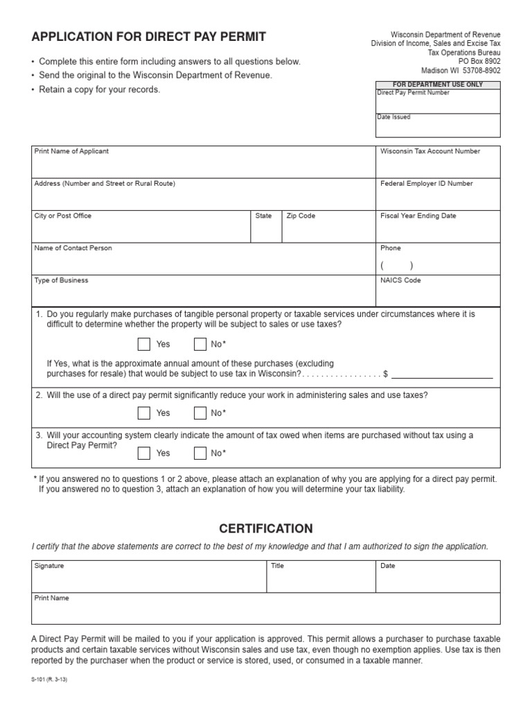 Wisconsin Direct Pay Permit Application | PDF | Use Tax | Taxes