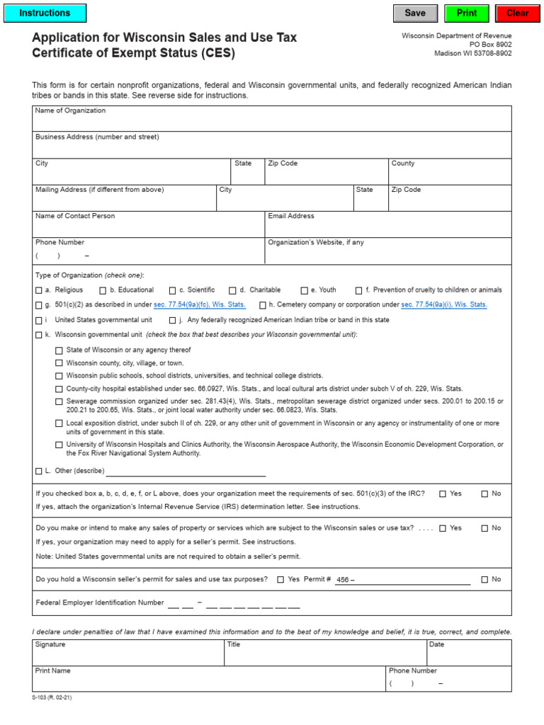 s-103 PDF Editable WI Application For Sales and Tax Exempt Status | PDF ...