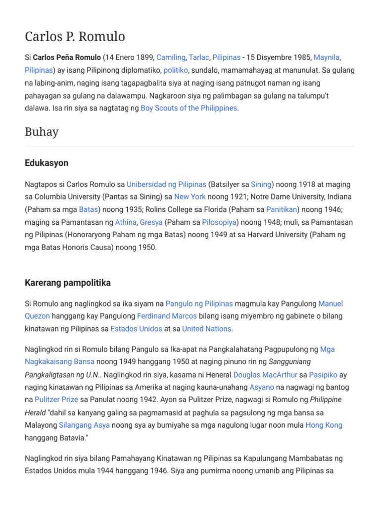 Carlos P. Romulo - Wikipedia, Ang Malayang Ensiklopedya | PDF