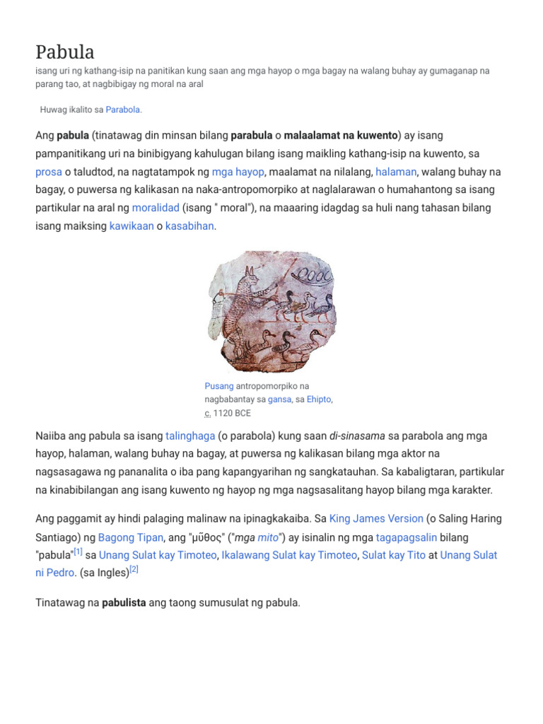 Pabula - Wikipedia, Ang Malayang Ensiklopedya | PDF
