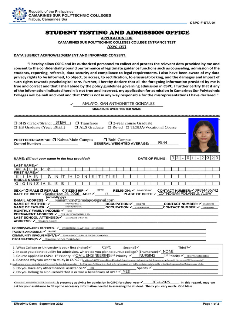 Malapo, Kian Anthonette Gonzales - Cspc-Cet Application Form | PDF