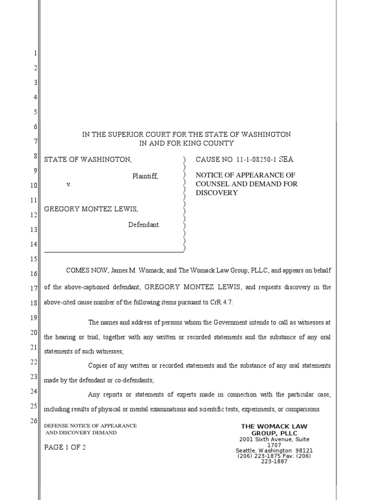 Notice of Appearance Demand For Discovery | PDF | Witness | Discovery (Law)