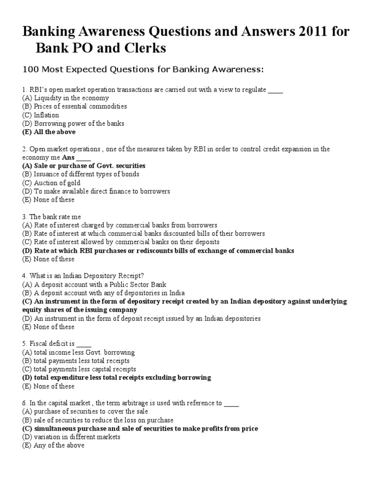 Banking Awareness Questions and Answers 2011 For Bank PO and Clerks ...