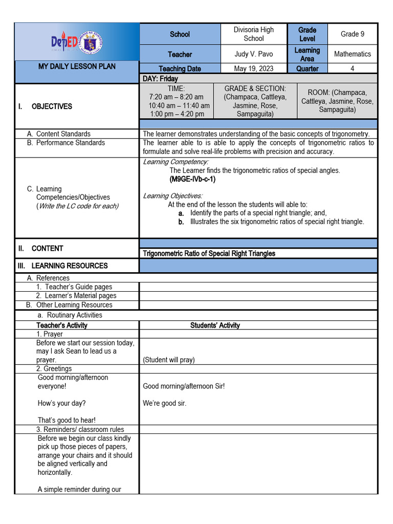 DLP 05 19 23 | PDF | Trigonometry | Learning